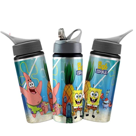 Garrafa Squeeze Alumínio Bico Retrátil Com Nome Bob Esponja