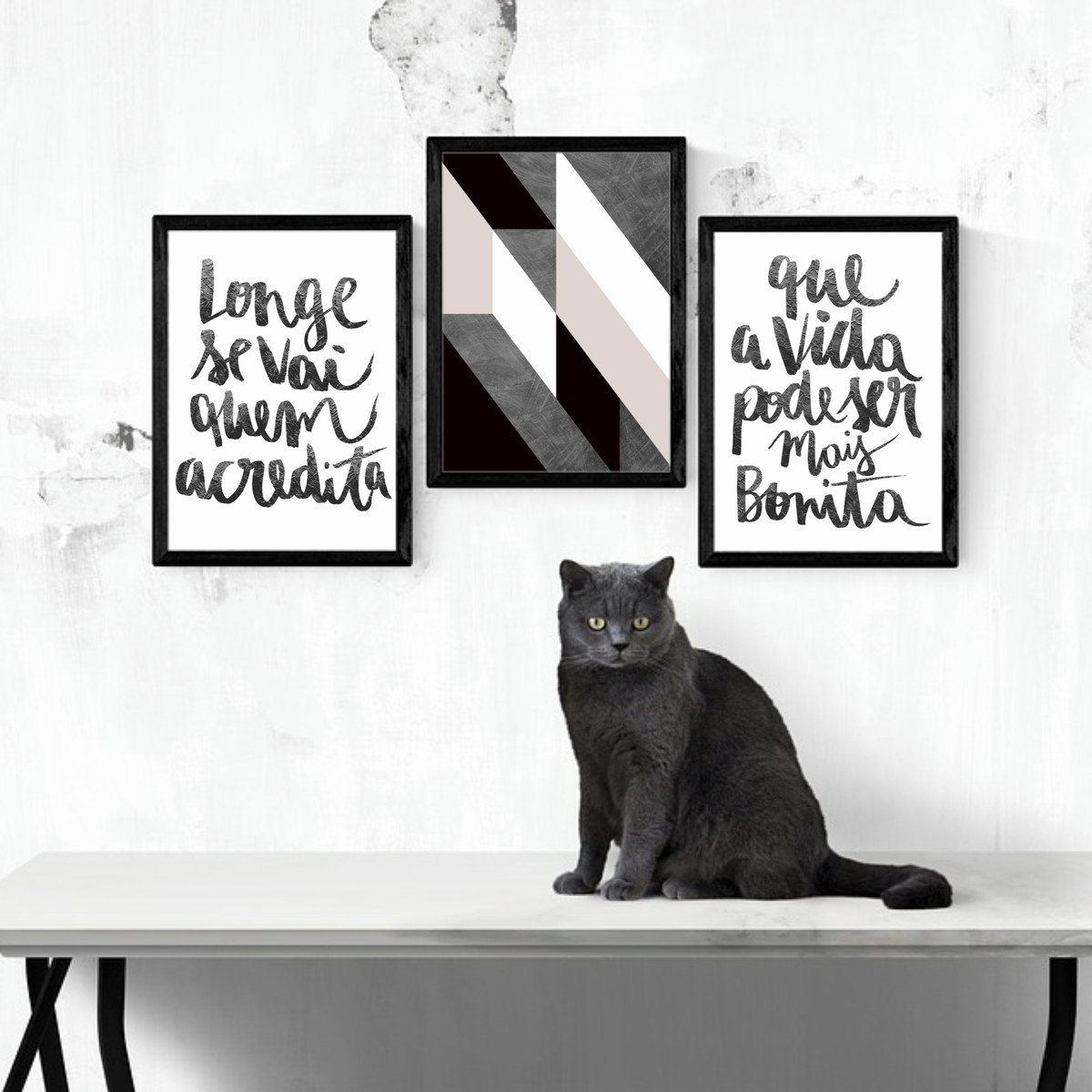 Trio Quadros Decorativos 30x40 Com Moldura Geométrico Frases