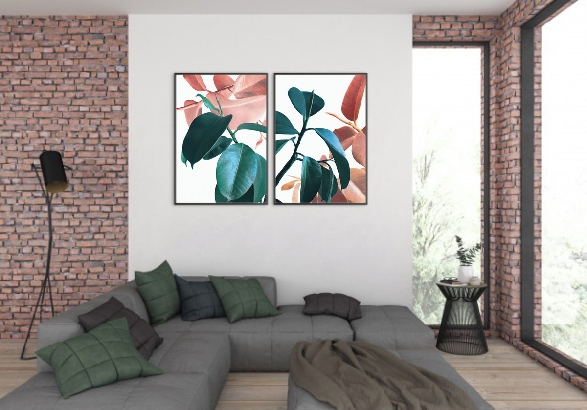Conjunto Dois Quadros Decorativos 30x40 Para Sala Folhagens