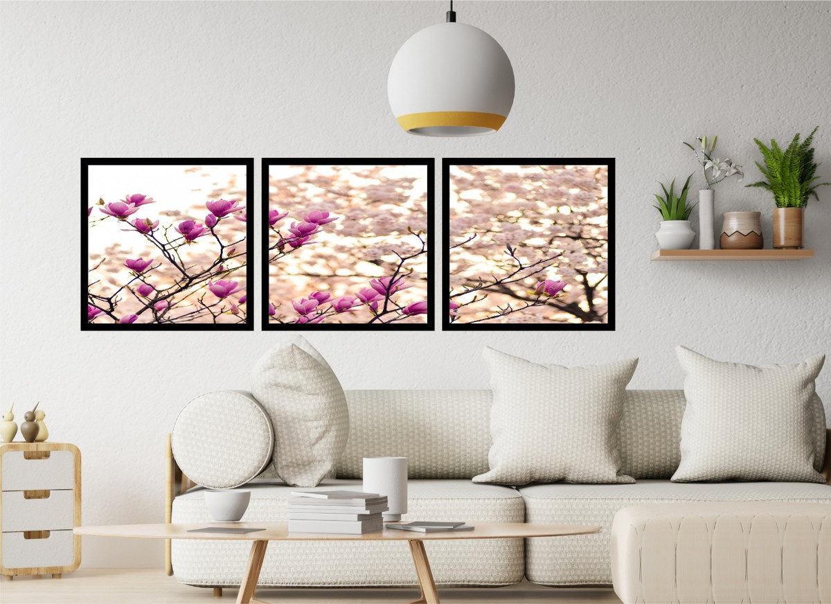 Kit 3 Quadros Arvore Flores Cerejeira Decoração Com Moldura