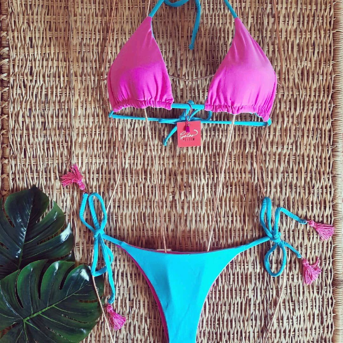 Biquíni Dupla Face Azul Turquesa Rosa Lacinho Tamanho P