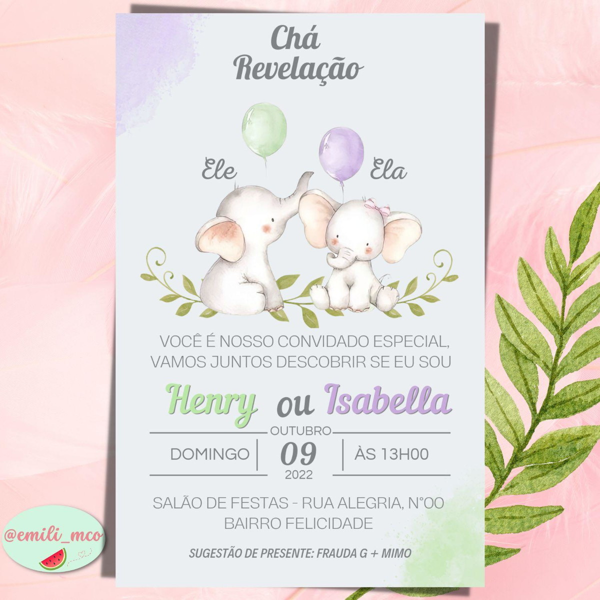 Convite Digital Chá Revelação Elefante Verde E Lilásroxo Elo7