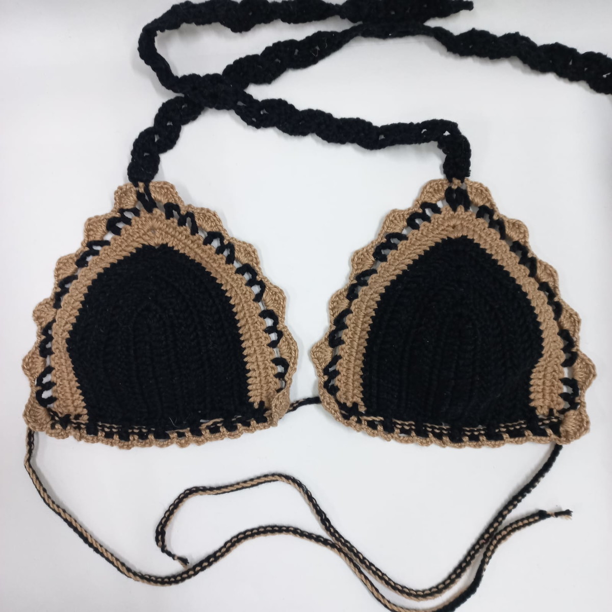 Biquini Crochê Cortininha Preto E Capuccino De Amarrar Elo7