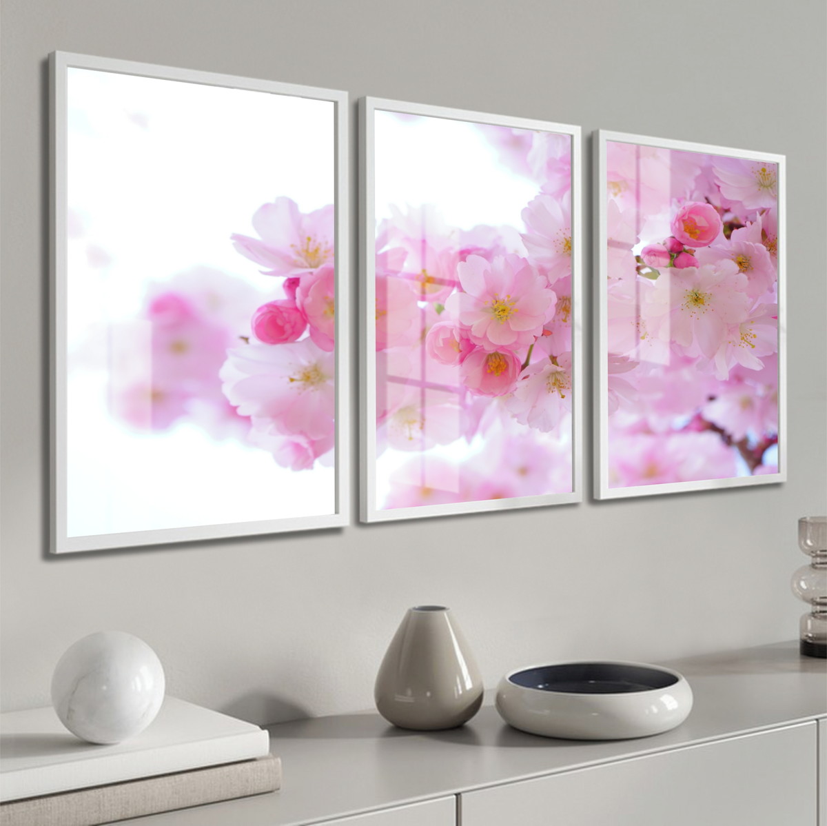 Kit 3 Quadros Decorativos Flor De Cerejeira Moldura E Vidro